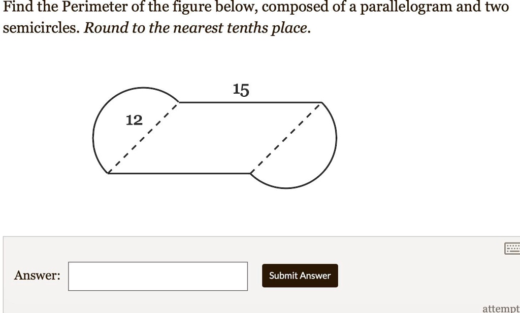 Find the Perimeter of the figure below, composed of a parallelogram and two semicircles. Round ...