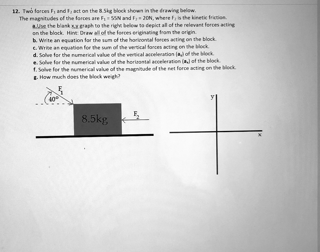 SOLVED:12. Two forces F and Fz act on the 8.5kg block shown in the drawing below. The magnitudes ...