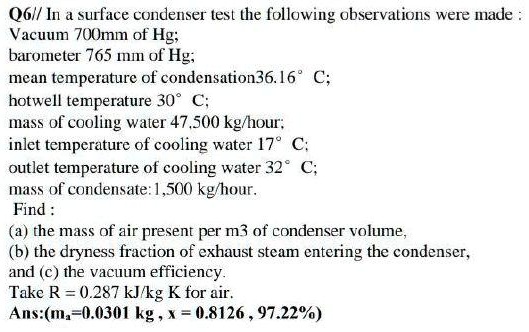 Q6// In a surface condenser test the following observations were made ...