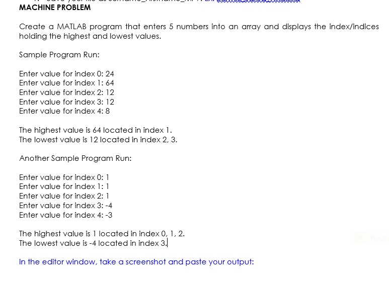 Solved Machine Problem Create A Matlab Program That Enters 5 Numbers Into An Array And Displays