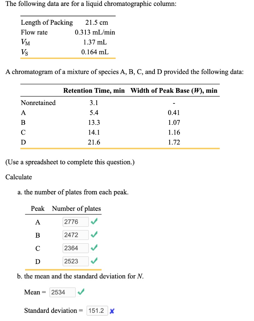 SOLVED: The following data is for a liquid chromatographic column: Length of Packing: 21.5 cm ...