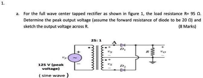 1. a. For the full wave center tapped rectifier as shown in figure 1, the load resistance R= 95 ...