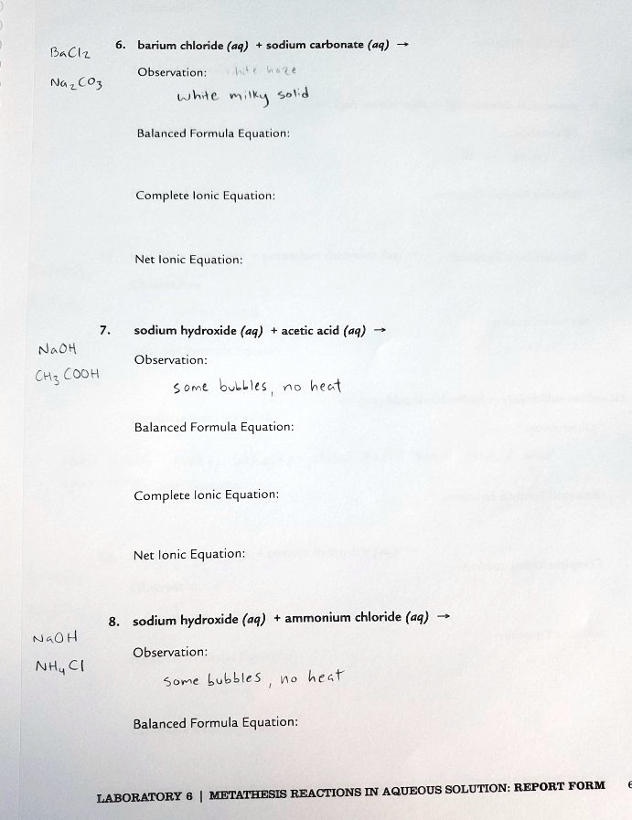 SOLVED: barium chloride (a9) sodium carbonate (a9) BaClz Observation; Nazl (03 Lbic sold ...