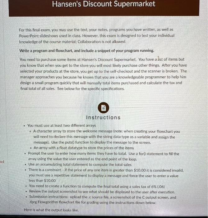 Hansens Discount Supermarket For This Final Exam You May Use The Text Your Notes Programs 