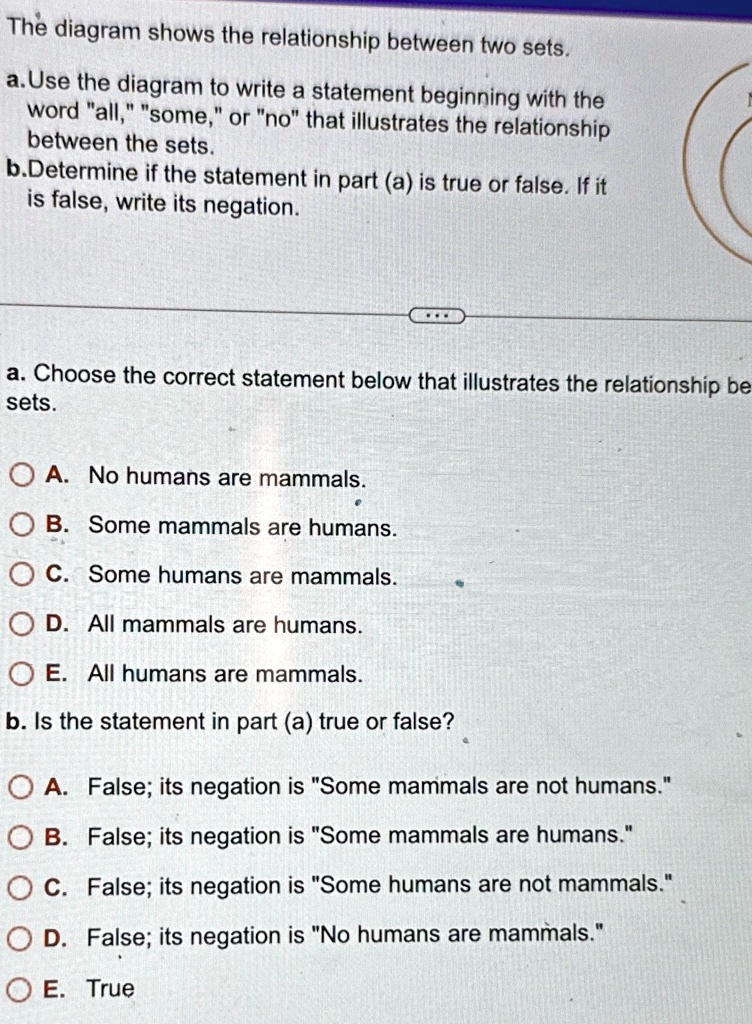 The diagram shows the relationship between two sets. a. Use the diagram to write a statement ...