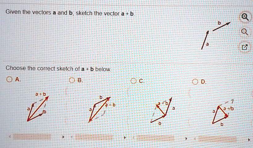 SOLVED: Given the vectors a and b, sketch the vector a Choose the correct sketch of a b below