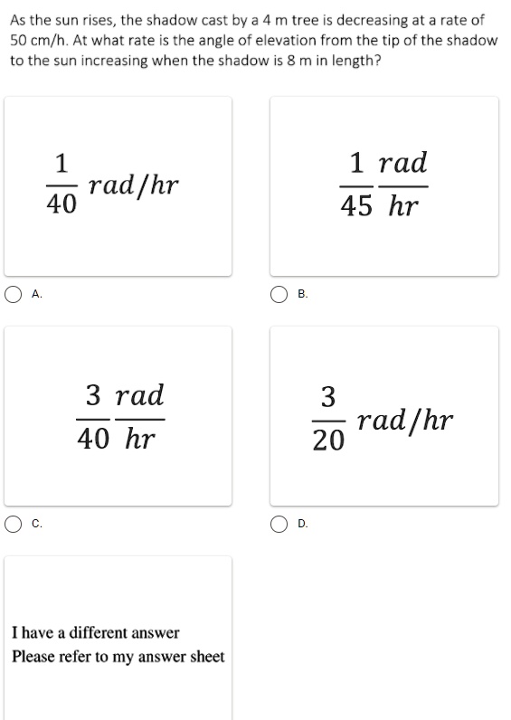 SOLVED: As the sun rises the shadow cast by a 4 m tree is decreasing at ...