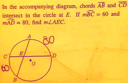 In the accompanying diagram, chords AB and CD intersect in the circle at E. If m⌢BC = 60 and m ...