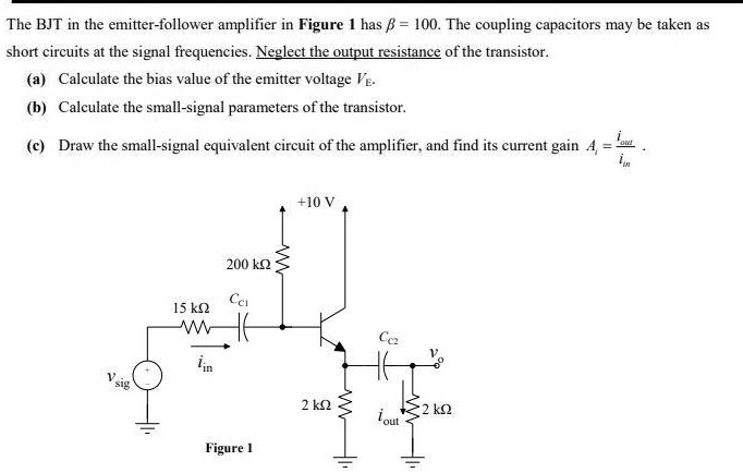 SOLVED: The BJT in the emitter-follower amplifier in Figure 1 has Î² = 100. The coupling ...