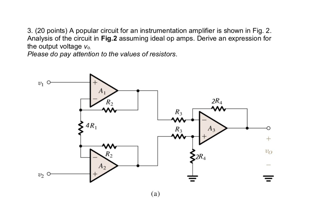 3. (20 points) A popular circuit for an instrumentation amplifier is shown in Fig. 2. Analysis ...