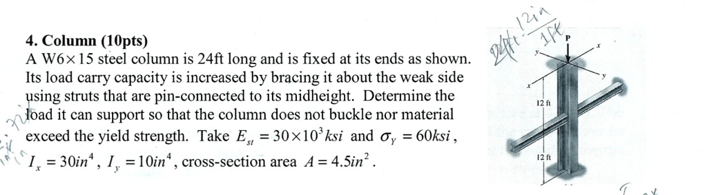 4. Column (10pts) A W6×15 steel column is 24ft long and is fixed at its ...