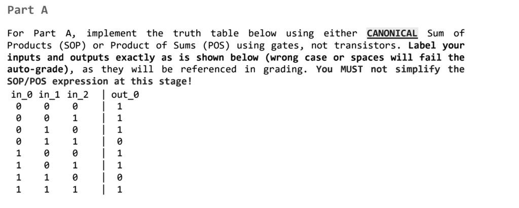 SOLVED: For Part A, implement the truth table below using either ...