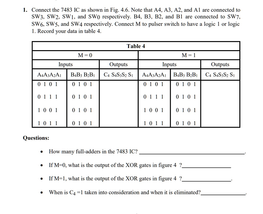 Connect the 7483 IC as shown in Fig. 4.6. Note that A4, A3, A2, and A1 are connected to SW3, SW2 ...