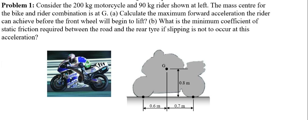 Problem 1: Consider the 200 kg motorcycle and 90 kg rider shown at left ...