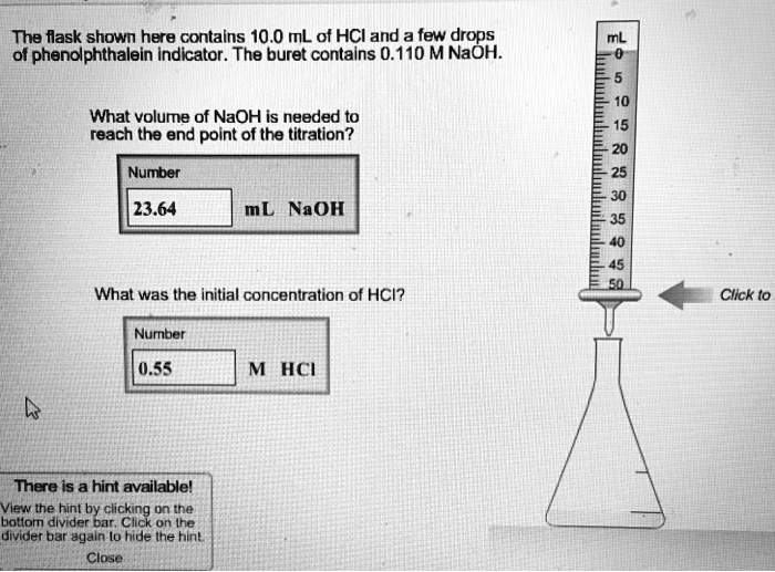 SOLVED: The flask shown here contains 10.0 mL of HCI and a few drops of phenolphthalein ...