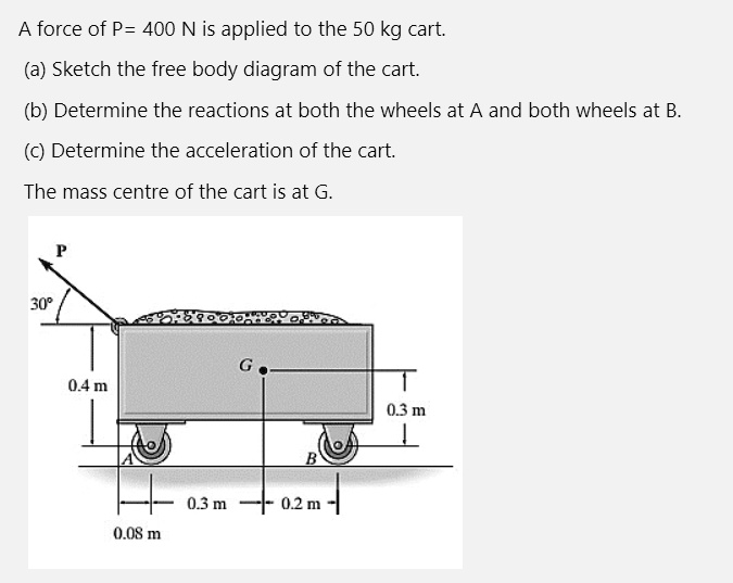 A force of P= 400 N is applied to the 50 kg cart. (a) Sketch the free ...