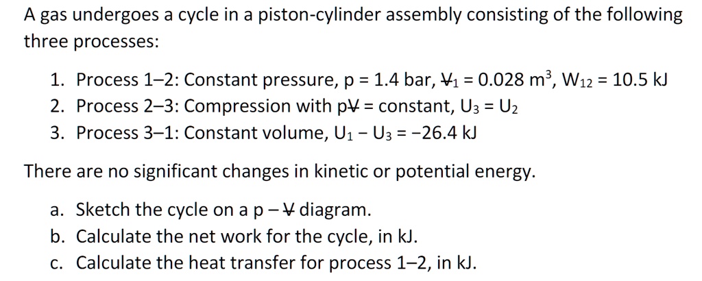 SOLVED: A gas undergoes a cycle in a piston-cylinder assembly consisting of the following three ...