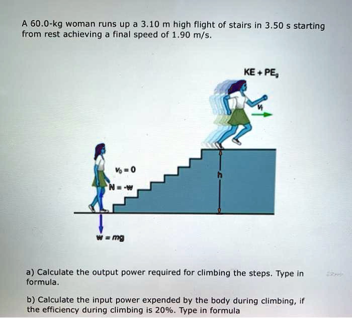 A 60.0-kg woman runs up a 3.10 m high flight of stairs in 3.50 s ...