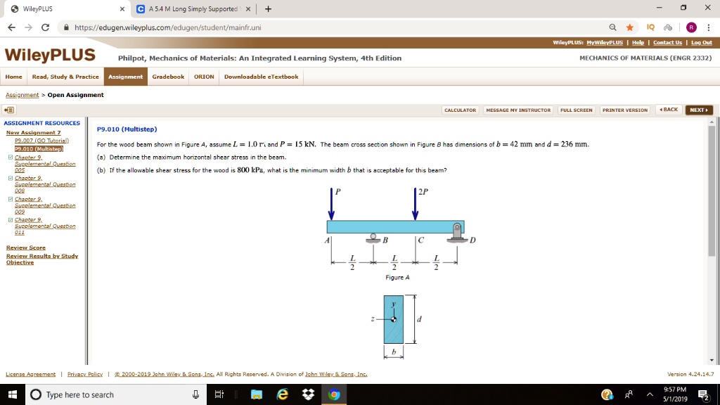 WileyPLUS CA 5.4 M Long Simply Supported X + ? C https://edugen.wileyplus.com/edugen/student ...