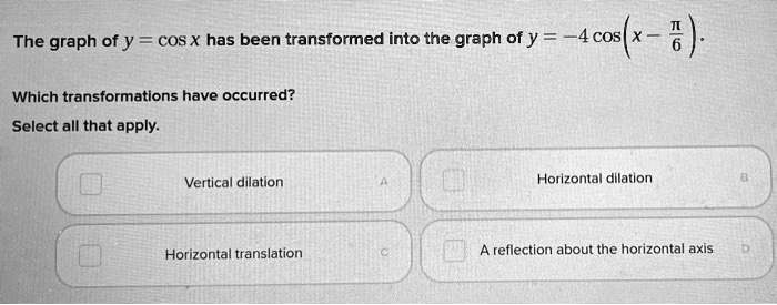 SOLVED: The graph of y COS X has been transformed into the graph of y ...