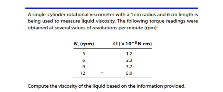 a single cylinder rotational viscometer with a 1 cm radius and 6cm ...