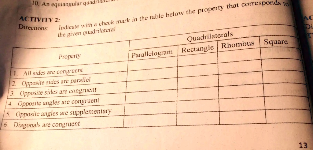10. An equiangular quadrilateral ACTIVITY 2: Directions: Indicate with a check mark in the table ...