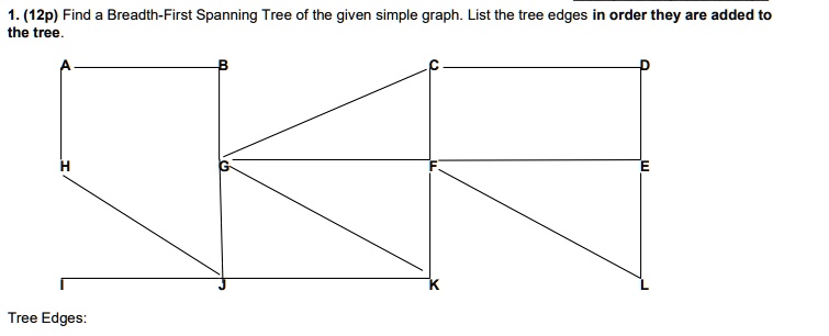 SOLVED: (12p) Find Breadth-First Spanning Tree of the given simple graph: List the tree edges in ...