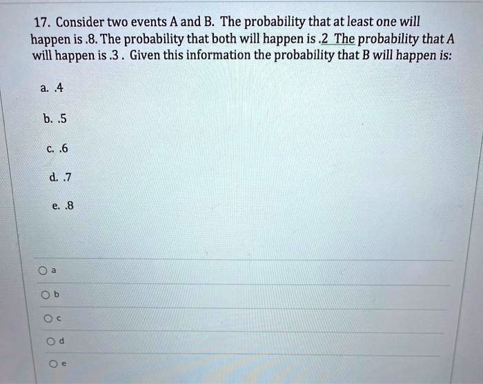SOLVED: 17. Consider two events A and B. The probability that at least ...