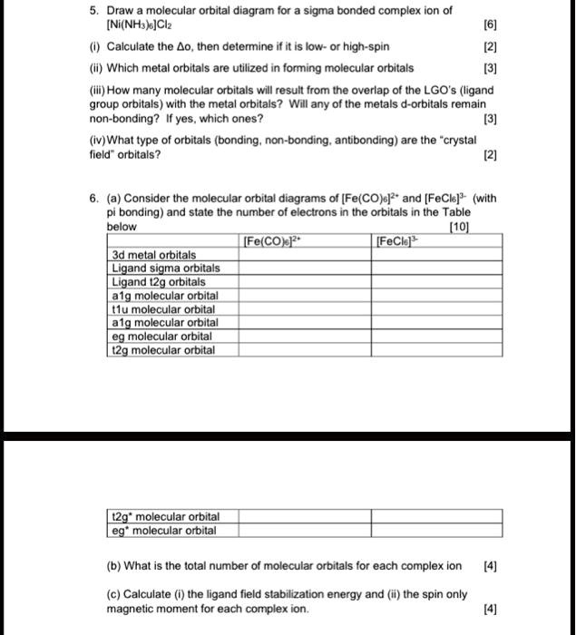 SOLVED: 5. Draw a molecular orbital diagram for a sigma-bonded complex ...
