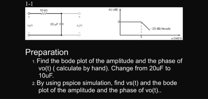 [GET ANSWER] 1-1 10 k? |G|(dB) +vi(t)20 ?Fvo(t)-20 dB/decade ? (rad/s) Preparation 1. Find the ...