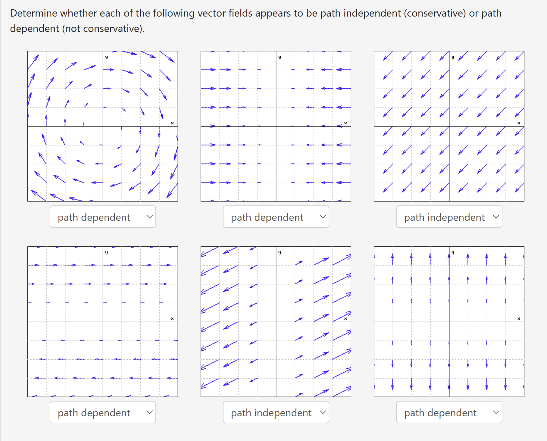 Determine whether each of the following vector fields appears to be path independent ...