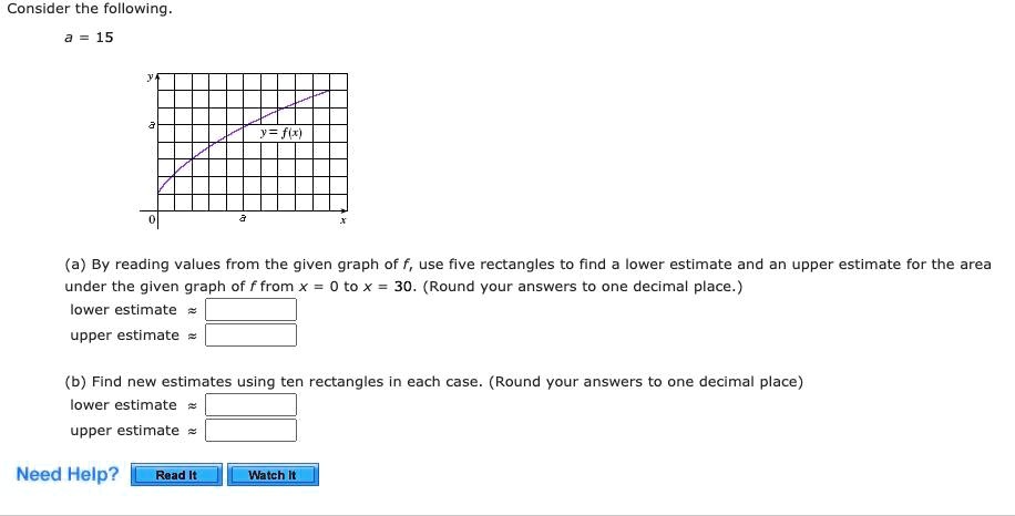 consider the following a 15 a by reading values from the given graph of f use flve rectangles to ...