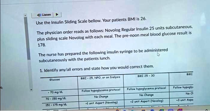 SOLVED: Liten Use the Insulin Sliding Scale below. Your patient's BMI ...