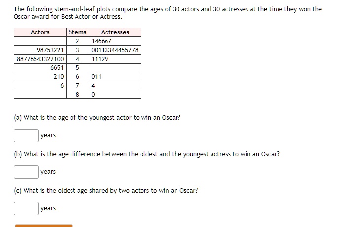 SOLVED: The following stem-and-leaf plots compare the ages of 30 actors ...