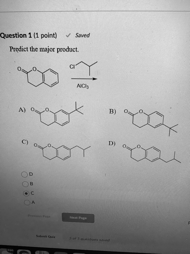 Predict the major product. Question 1 (1 point) Predict the major product: AlCl3 A) B) C) D ...