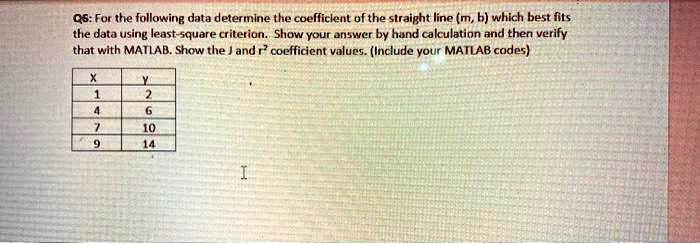 SOLVED: Q6: For the following data, determine the coefficients of the straight line (m, b) which ...