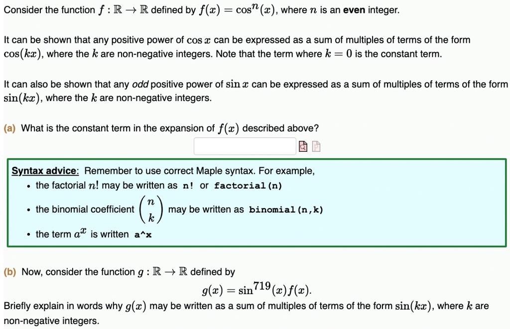 SOLVED: Consider the function f : â„ -> â„ defined by f(x) = cos(x), where x is an even integer ...