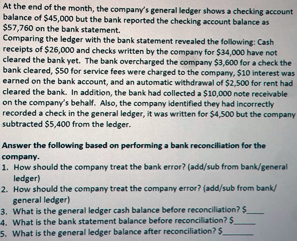 SOLVED: Texts: The company has a balance of 45,000, but the bank ...