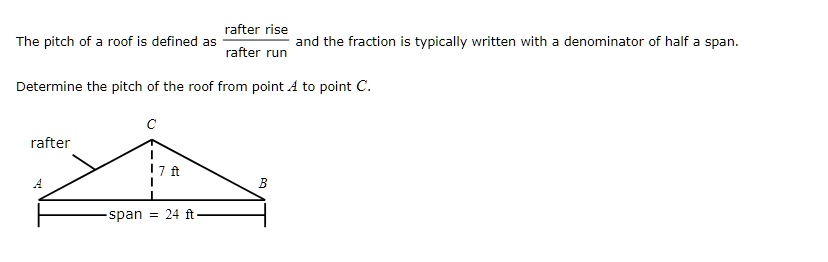 The pitch of a roof is defined as ( rafter rise )/( rafter run ) and ...
