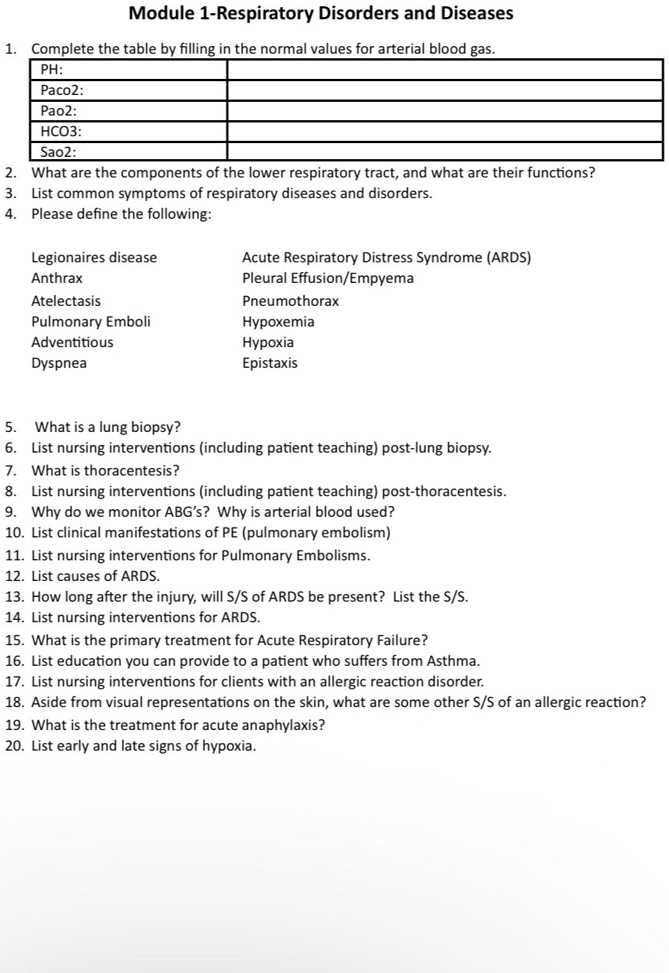 Module 1-Respiratory Disorders and Diseases Complete the table by ...