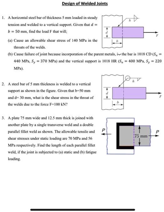 SOLVED: Design of Welded Joints 1. A horizontal steel bar of thickness 5 mm is loaded in steady ...