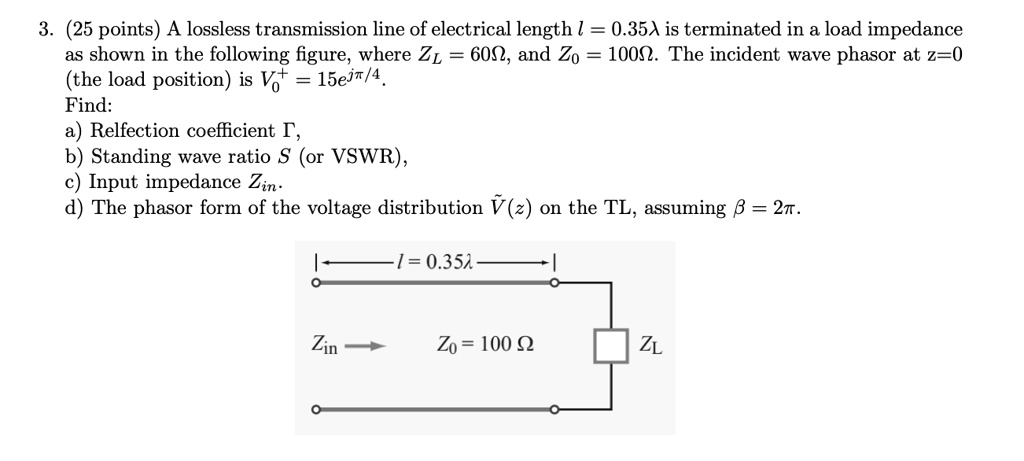 (25 points) A lossless transmission line of electrical length l=0.35λ is terminated in a load ...