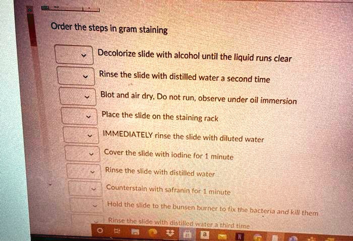 order the steps in gram staining decolorize slide with alcohol until ...