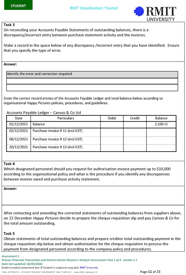 STUDENT RMIT Classification: Trusted RMIT UNIVERSITY Task 3 On reconciling your Accounts Payable ...
