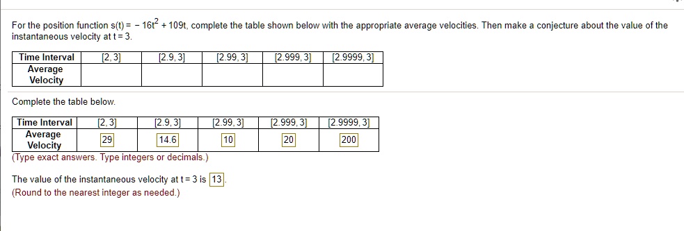 SOLVED:For the position function s(t) = 1612 109t, complete the table shown below with the ...