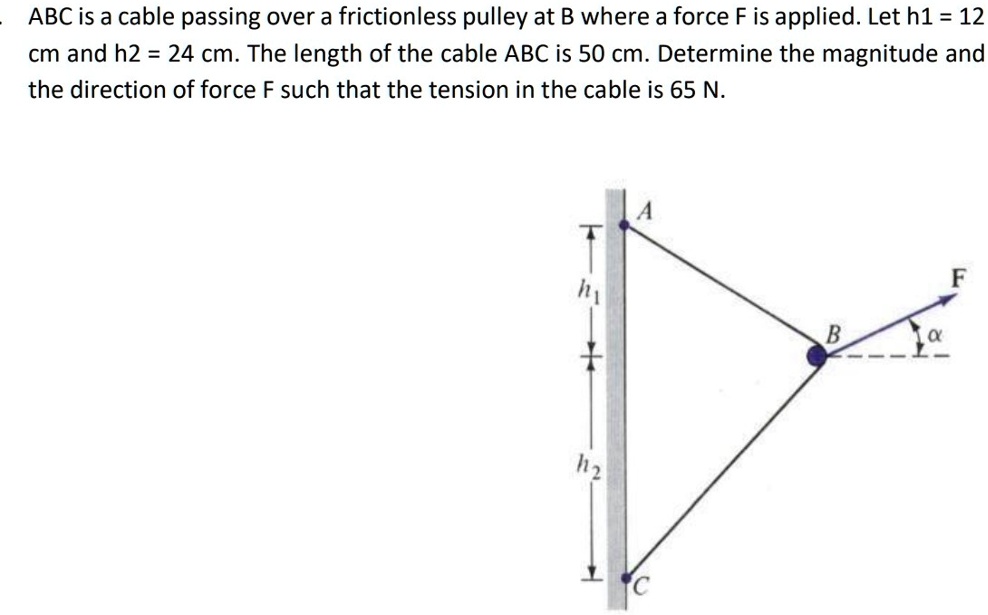 ABC is a cable passing over a frictionless pulley at B where a force F ...