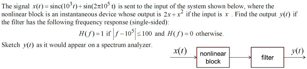 SOLVED: The signal x(t) = sinc(10Ï€t) + sin(21Ï€05 t) is sent to the ...