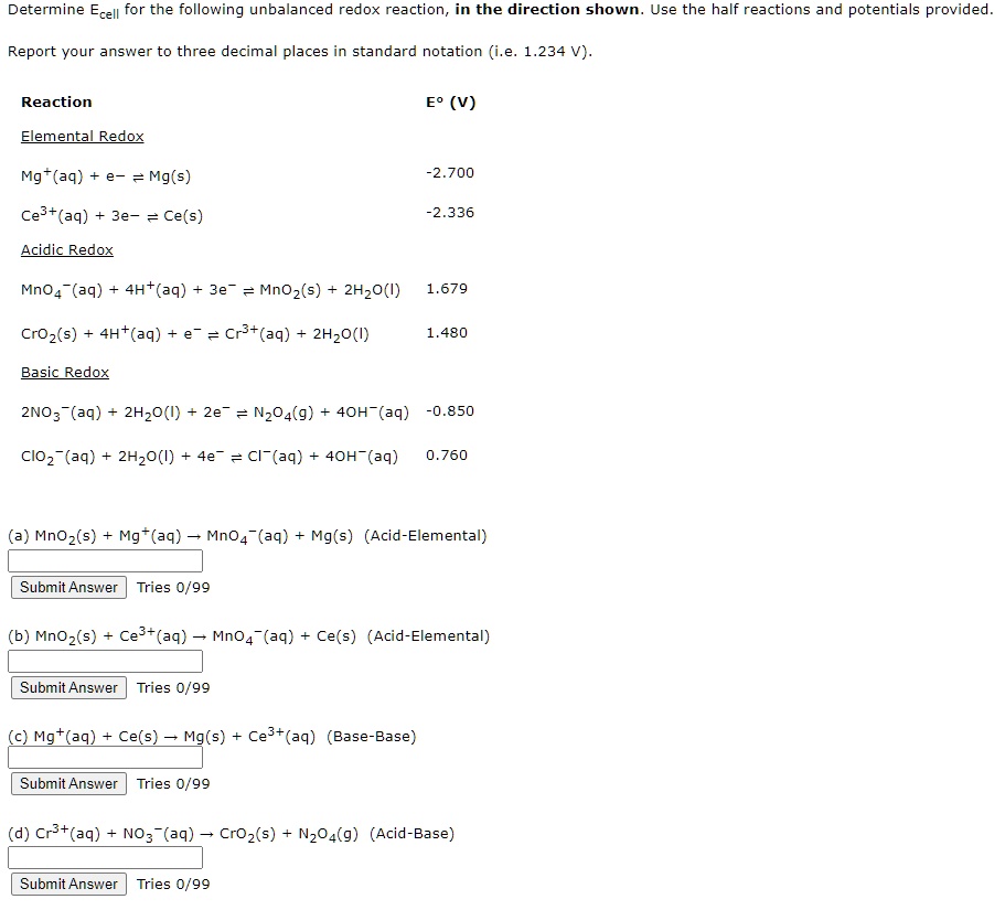 SOLVED: Determine Ecell for the following unbalanced redox reaction, in the direction shown Use ...