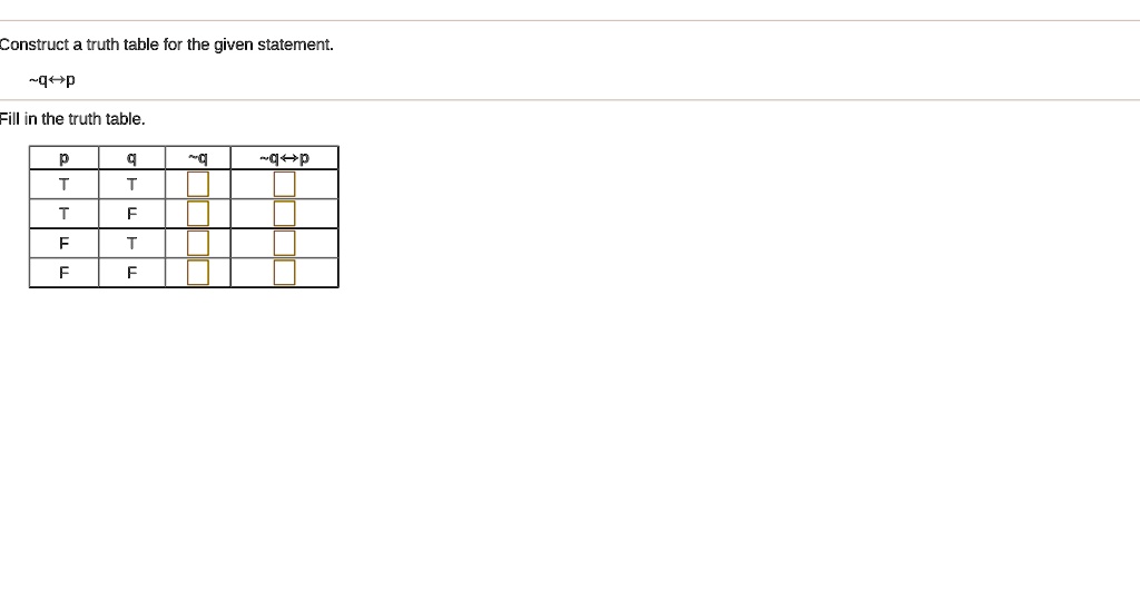 SOLVED: Construct truth table for the given statement: 4+p Fill in the ... SOLVED: Construct truth table for the given statement: 4+p Fill in the ...