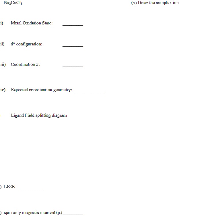 SOLVED: NaCoCh Draw the complex ion Metal Oxidaticn State ... SOLVED: NaCoCh Draw the complex ion Metal Oxidaticn State ...